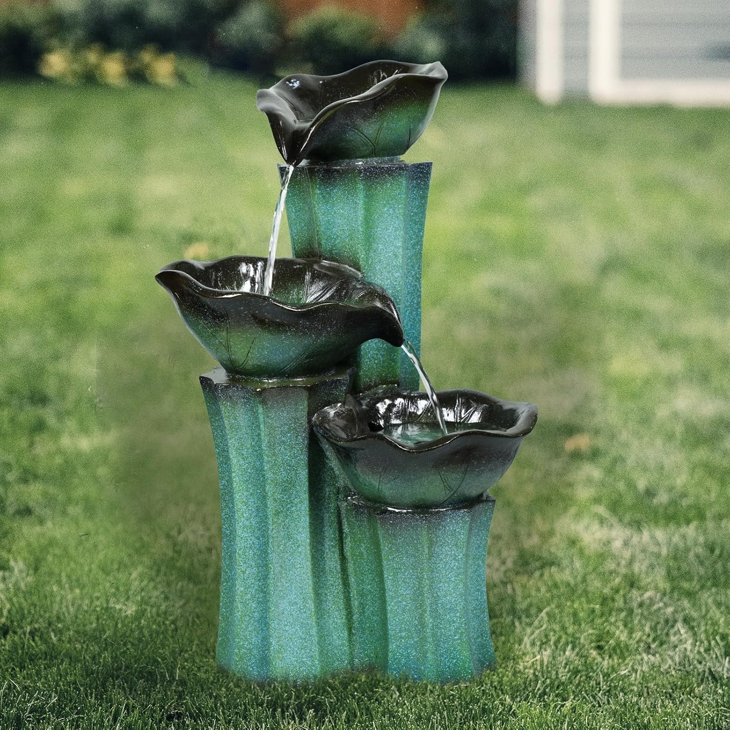 ZMG 3 Tiered Outdoor Fountain with LED Lights, 22" H Blue Lotus Indoor ...
