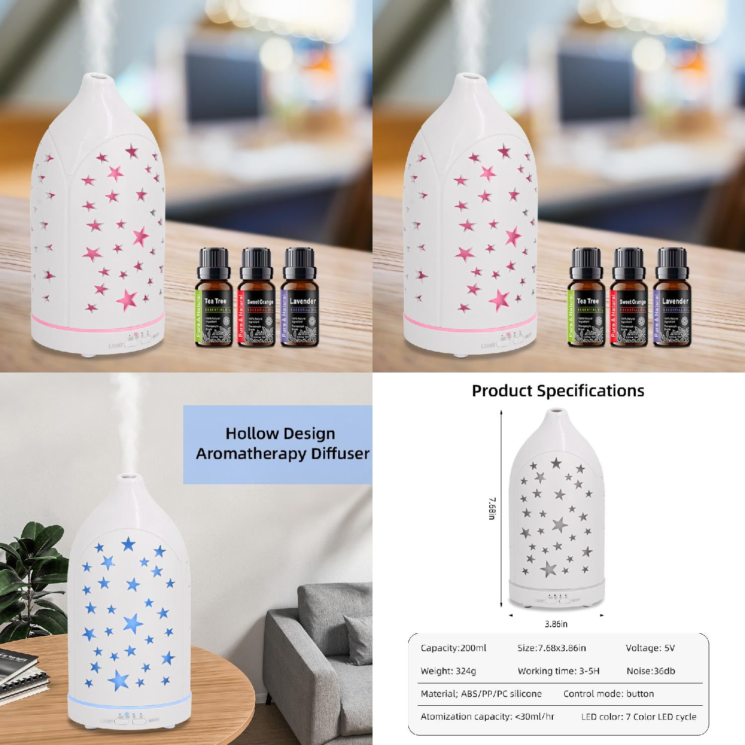 ZMGJSQ Fashion Star Hollow Design Oil Diffuser 7 Changing LED Lights ...