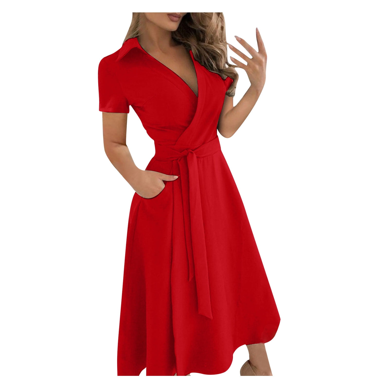 ZMHEGW Summer Dresses For Women 2023 Pure Color V-Neck Short Sleeve ...
