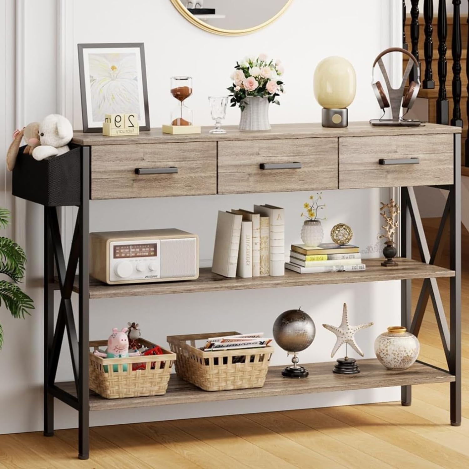 ZMMOO 47" Entryway Table with 3 Drawers and 3 Tier Storage Shelves ...