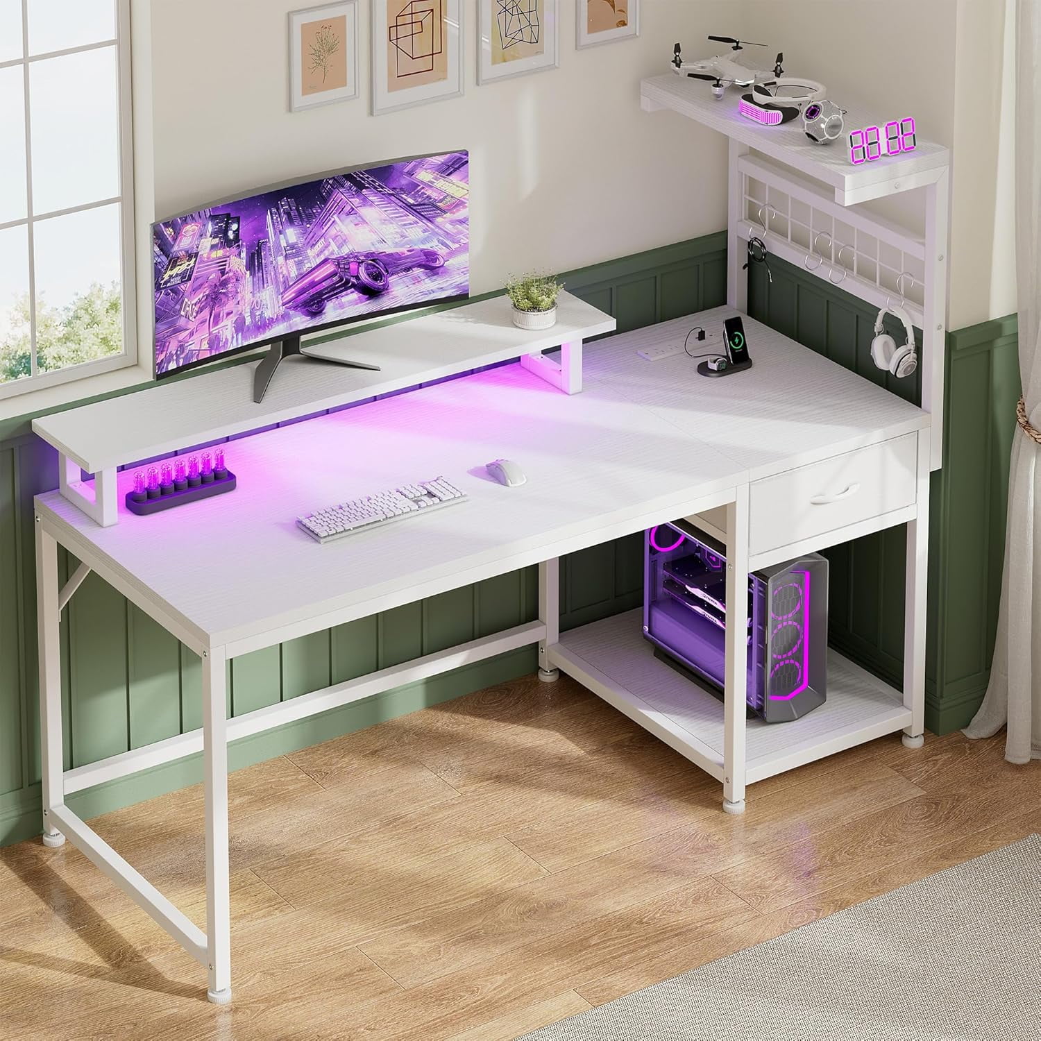 ZMMOO 48" Reversible Computer Desk with Power Outlets & LED Lights,Home ...
