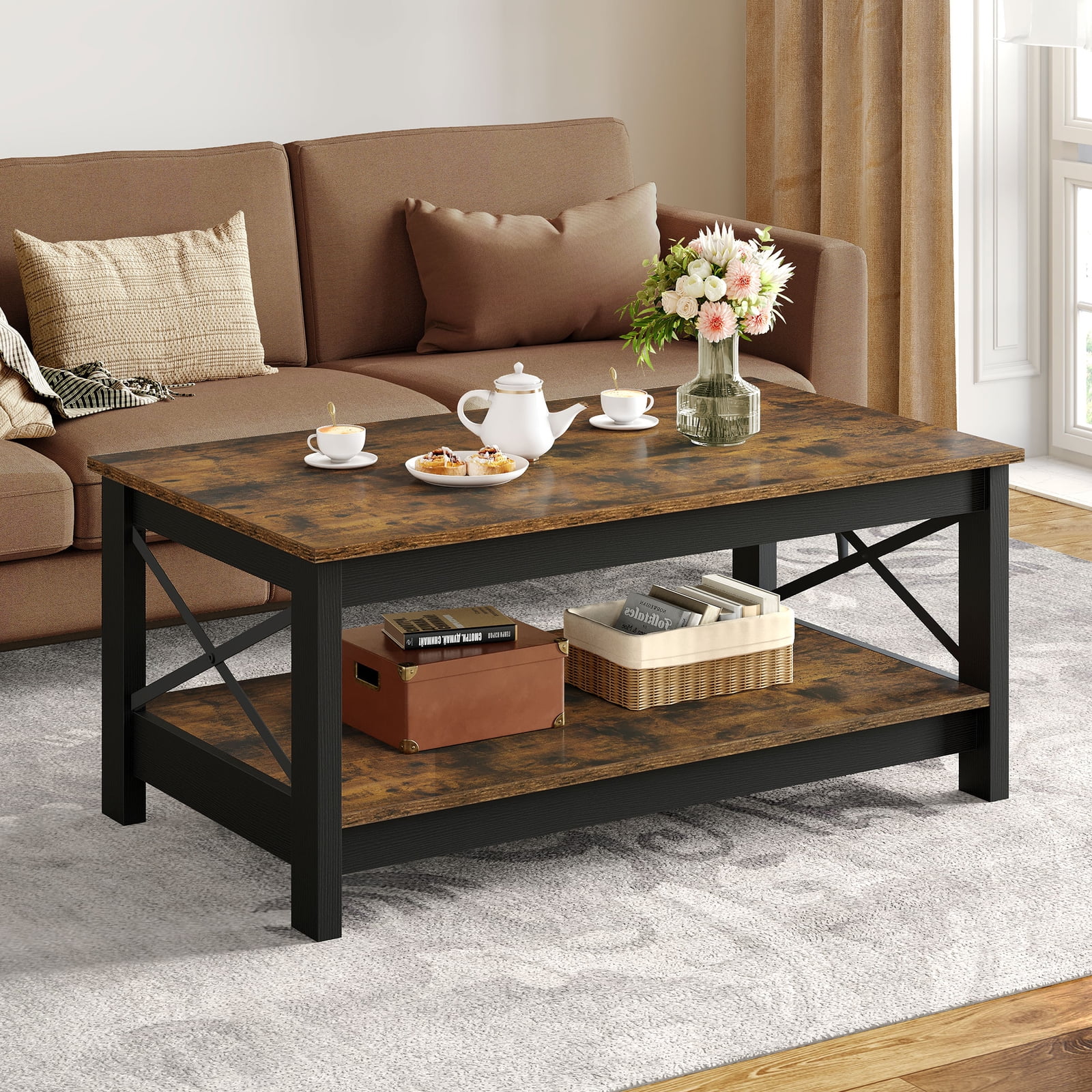 ZMMOO Coffee Table Modern Center Table with 2-Tier Open Storage Shelf ...