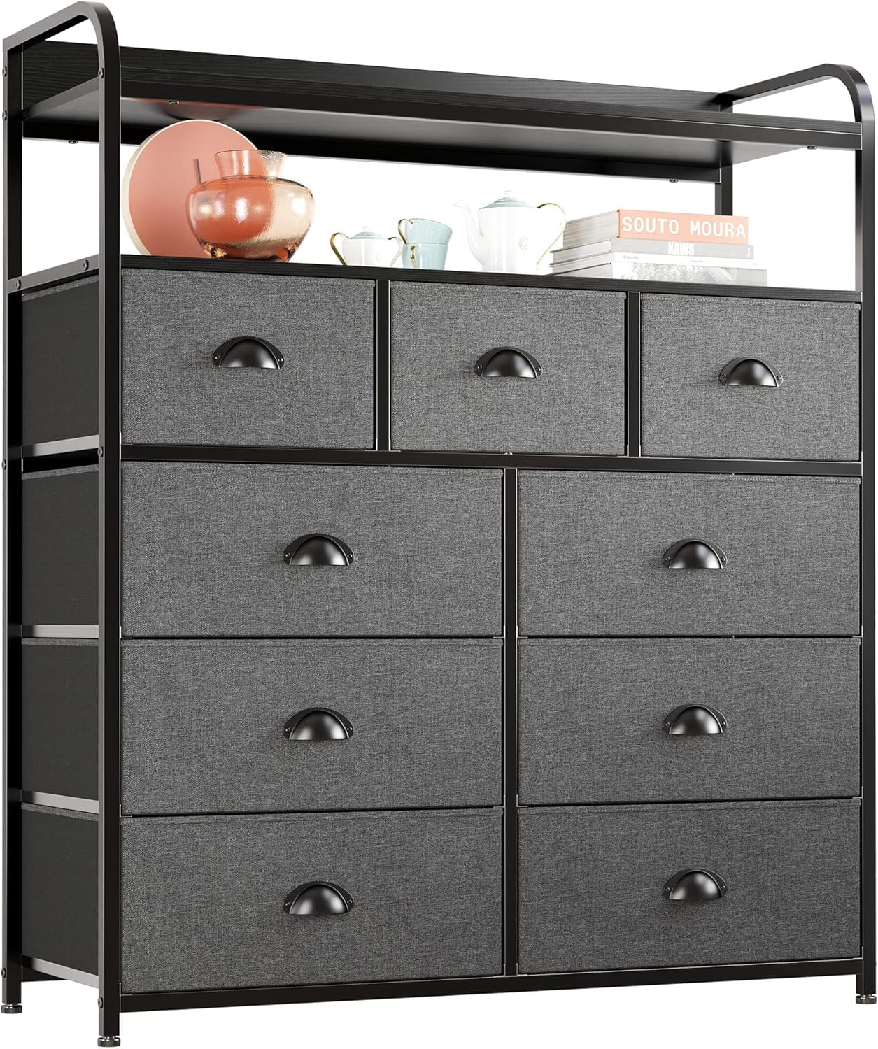 ZMMOO Dresser with 9 Drawer, Dresser for Bedroom with 2 Shelves, Fabric ...