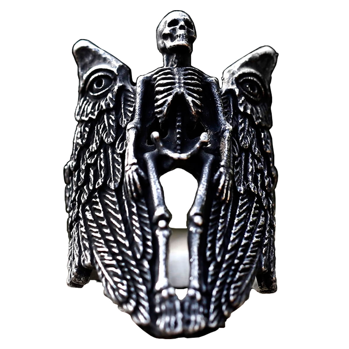 ZMY Home Stainless Steel Skeleton with Angelic Wings Ring Gothic Style ...