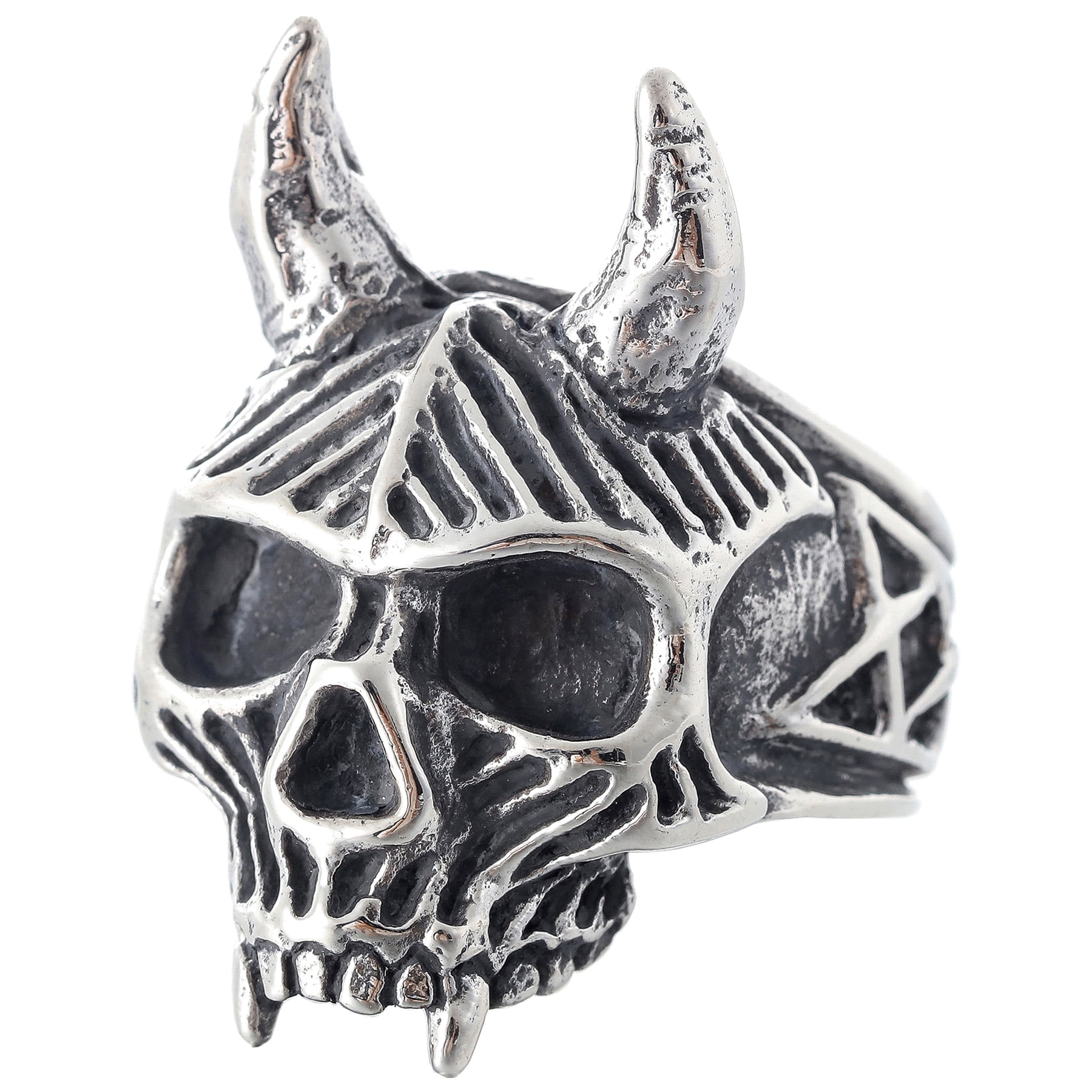 ZMY Home Stainless Steel Skull Ring Hellish Demon Skull with Horns and ...