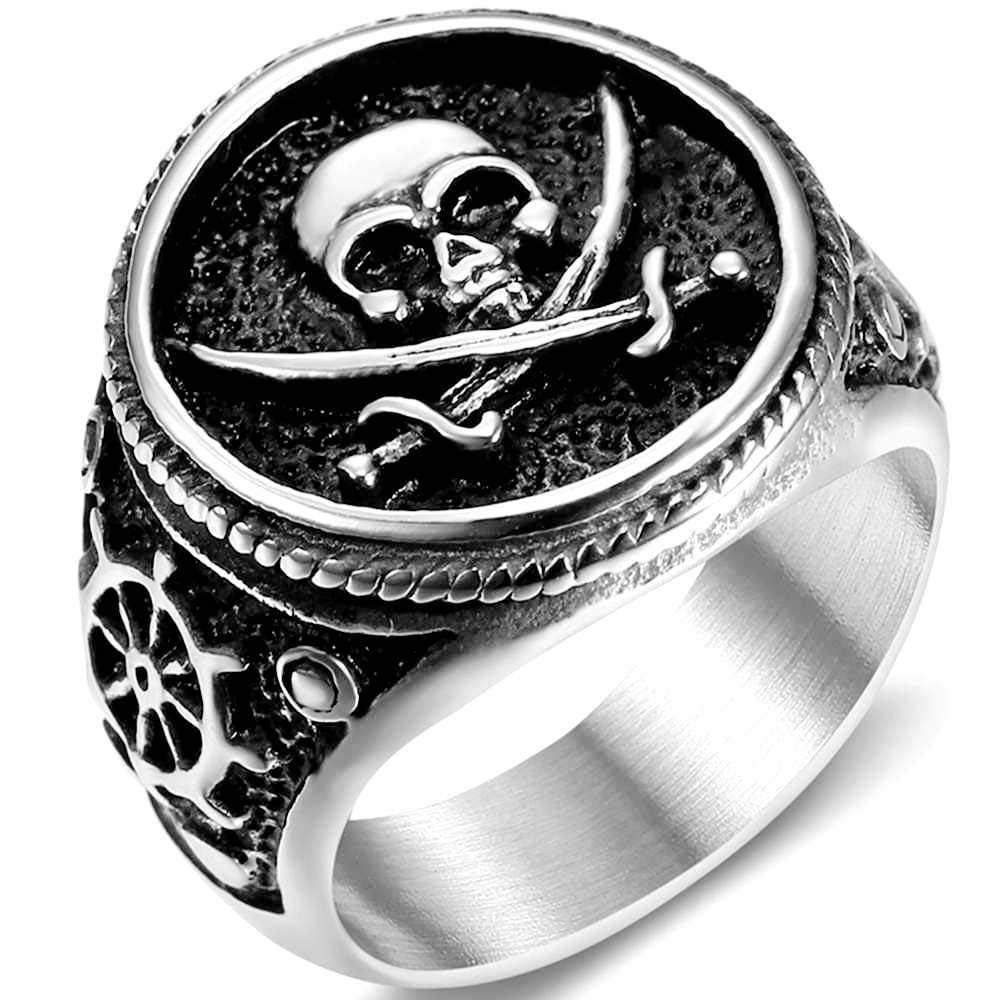 ZMY Home Stainless Steel Skull Signet Ring - Pirate Skull with Rudder ...