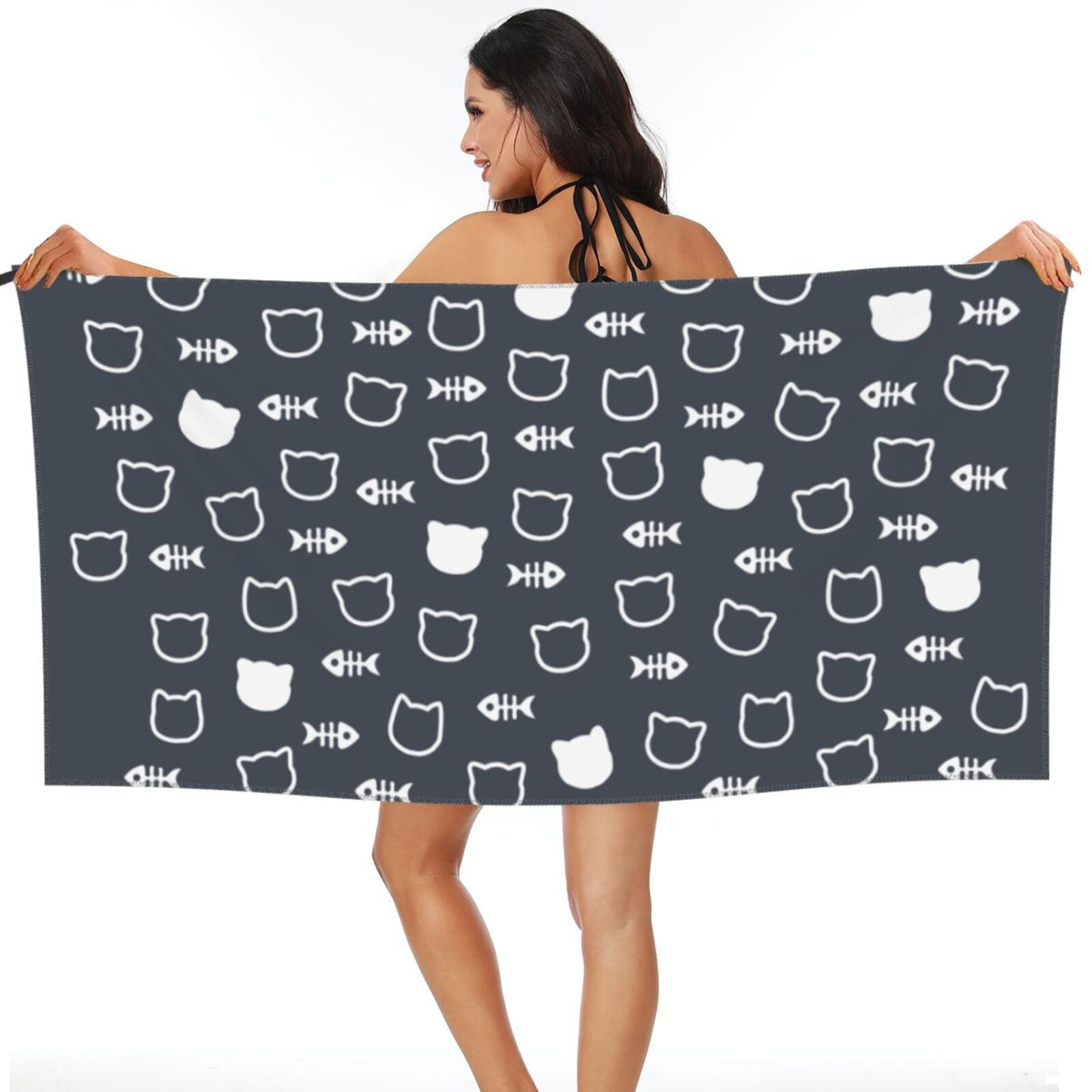 ZNDUO Bath Towel, Cat & Fish Print Pattern Oversized Quick Dry Bath ...