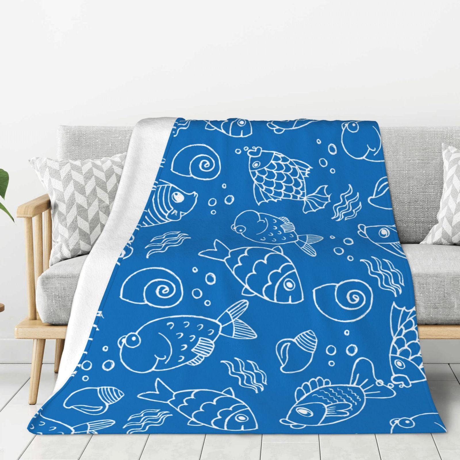 ZNDUO Blue Cartoon Fish Pattern Pattern Thickening Blanket, Fluffy Soft ...