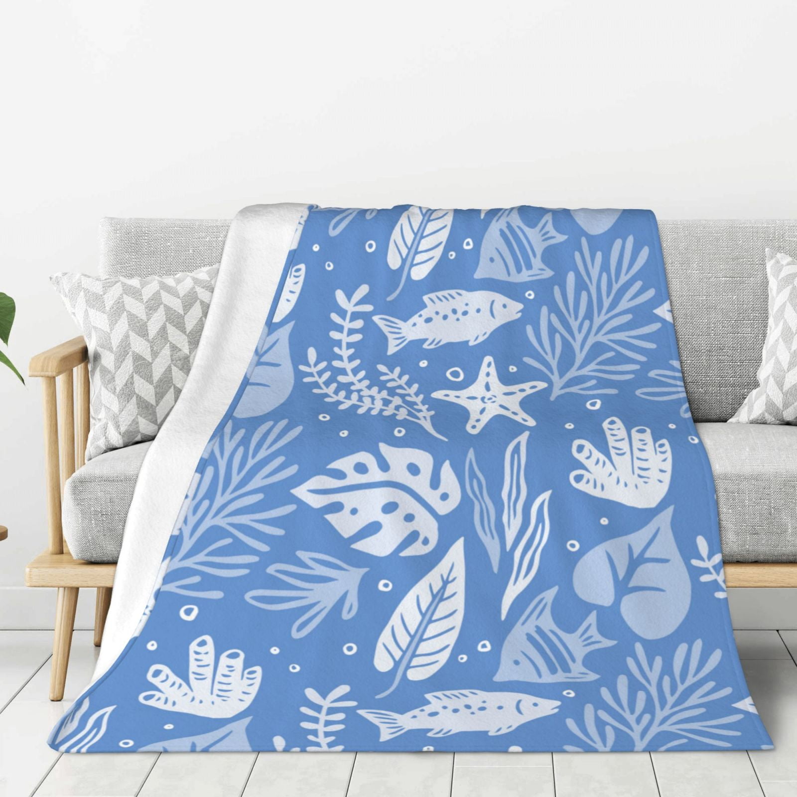 ZNDUO Blue Cartoon Ocean Art Pattern Pattern Thickening Blanket, Fluffy ...