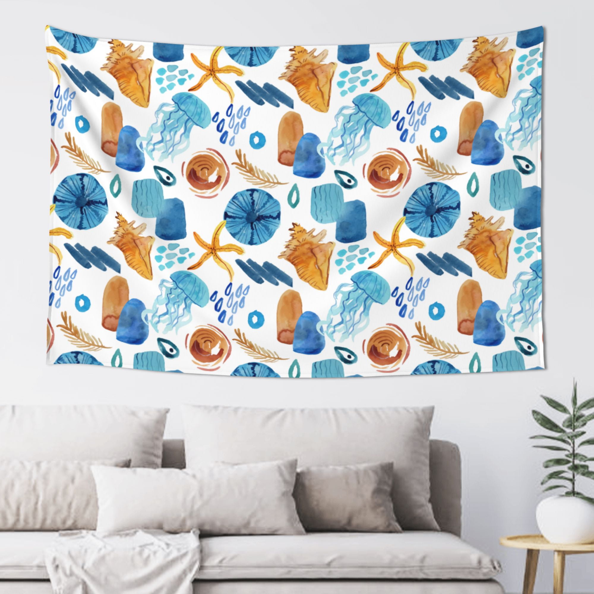 ZNDUO Blue Ocean Watercolor Doodle Tapestry, Wall Tapestries for ...