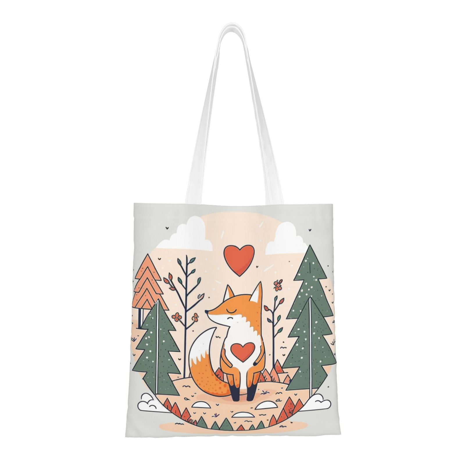 ZNDUO Canvas Tote Bag, Love Happy Little Fox Pattern Reusable Grocery ...