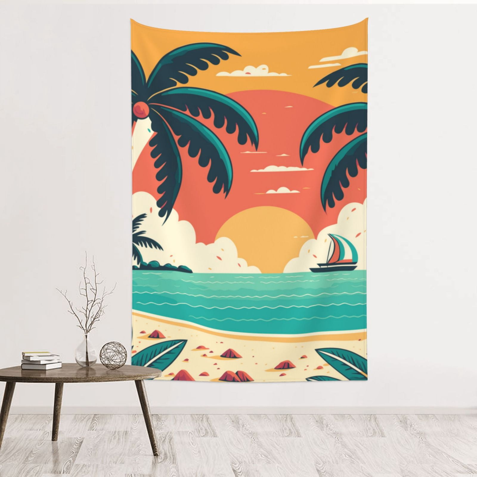 ZNDUO Cartoon Tropical Beach Ocean Sunset Pattern Tapestry, Wall ...