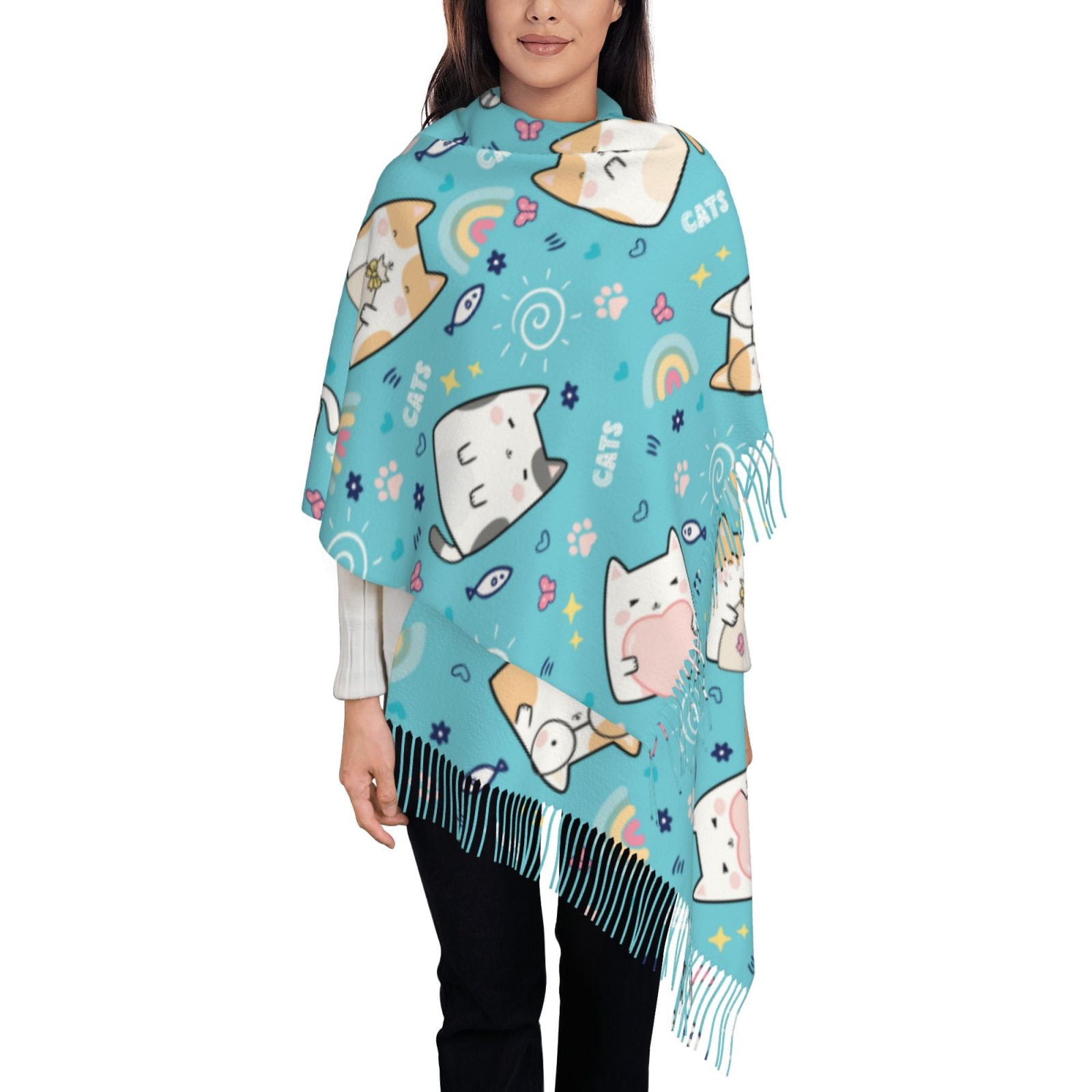 ZNDUO Kawaii Cute Cats Cartoon Pattern Pashmina Shawls，Wraps Winter ...