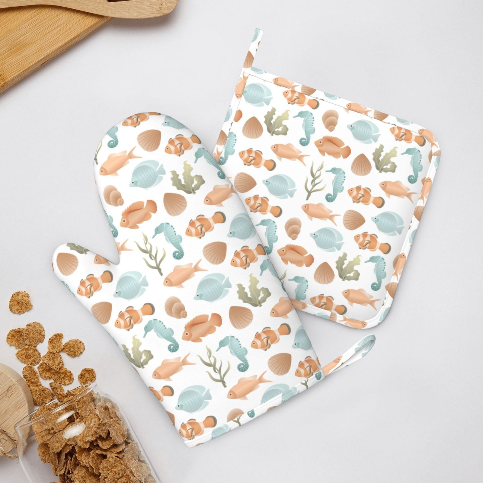 ZNDUO Non-Slip Cooking Oven Gloves, Cartoon Seahorse Fish Doodle Art ...