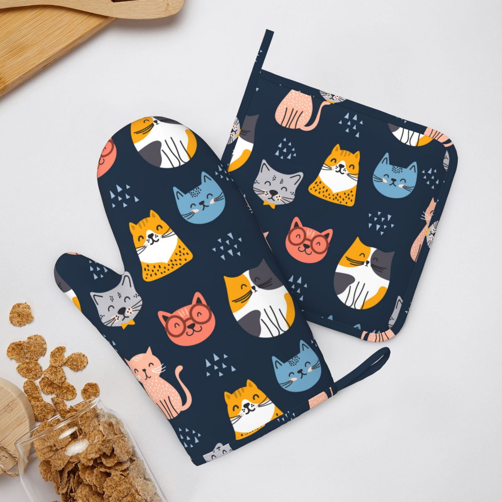 ZNDUO Non-Slip Cooking Oven Gloves, Cute Colorful Seamless Cartoon Cat ...