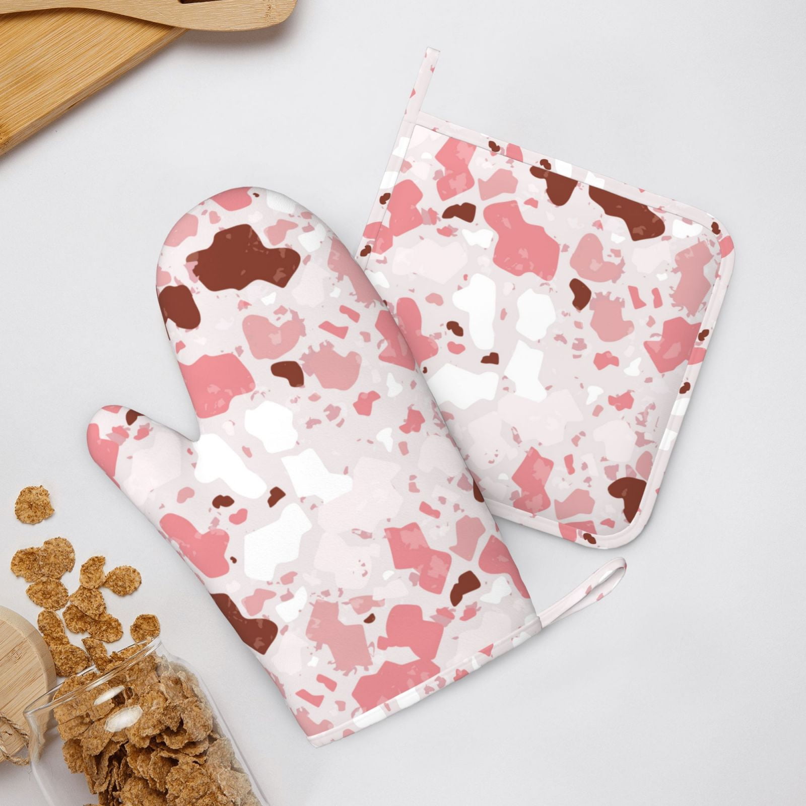 ZNDUO Non-Slip Cooking Oven Gloves, Pink Abstract Pebble Art Pattern ...