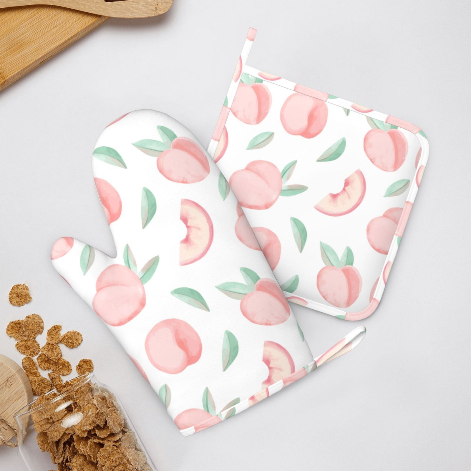 ZNDUO Non-Slip Cooking Oven Gloves, Pink Watercolor Peach Doodle Art ...