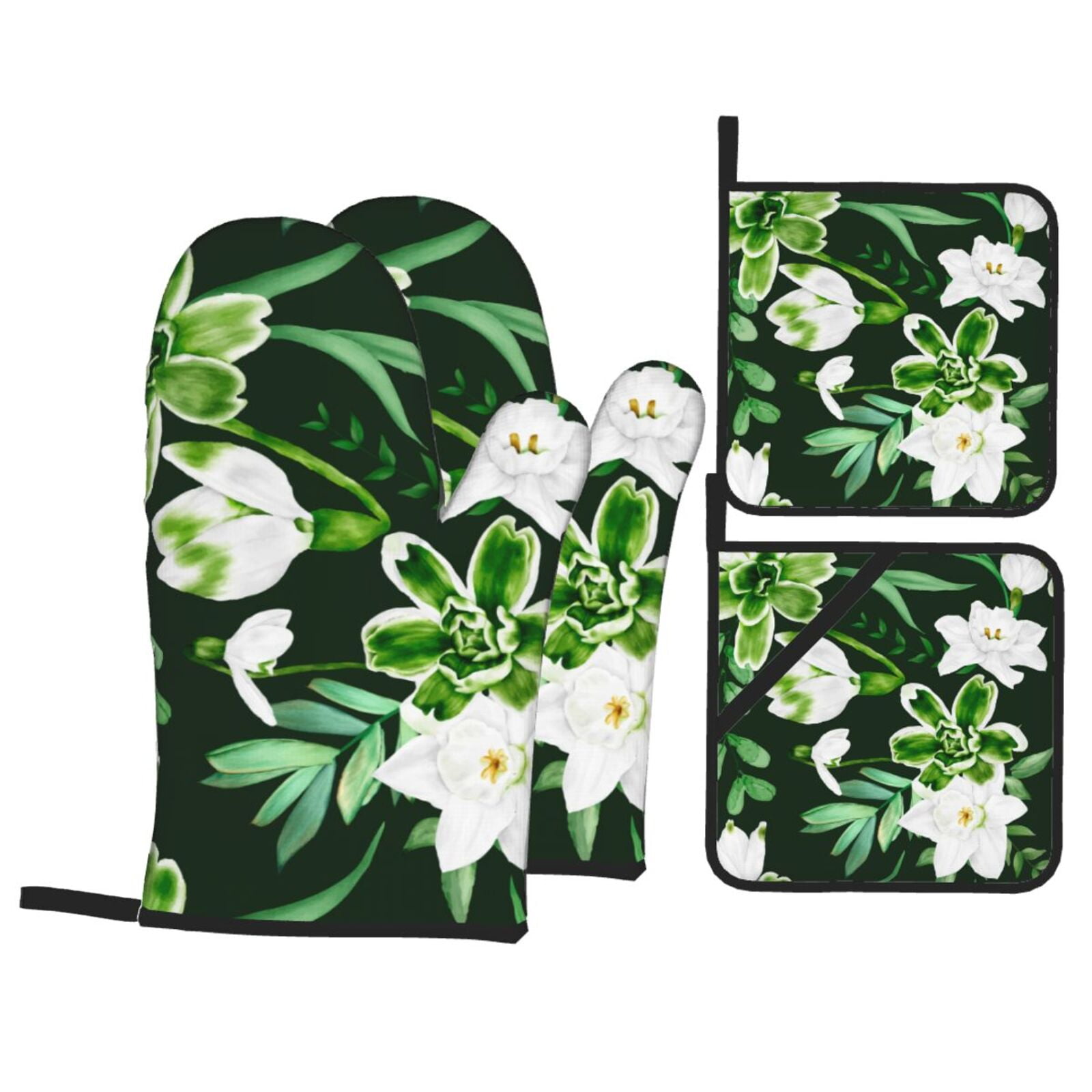 ZNDUO Vintage Green Flower Oven Mitts and Pot Holders Set, Waterproof ...
