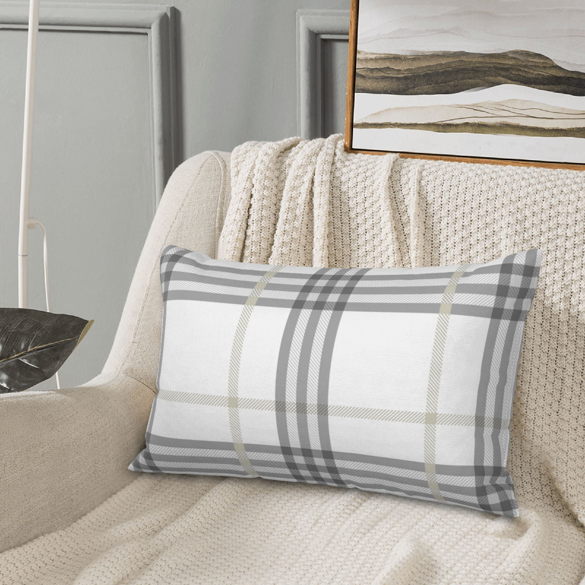 ZNDUO Rectangular Plush Cushion Cover, Grey Checkered Lines Pattern Non ...