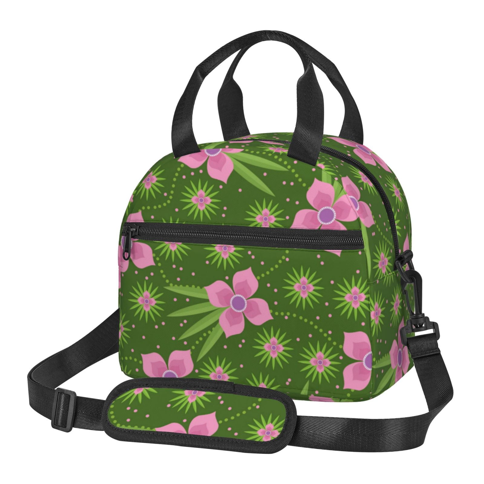 ZNDUO Reusable Lunch Box, Adjustable Shoulder Strap Green Flowers ...