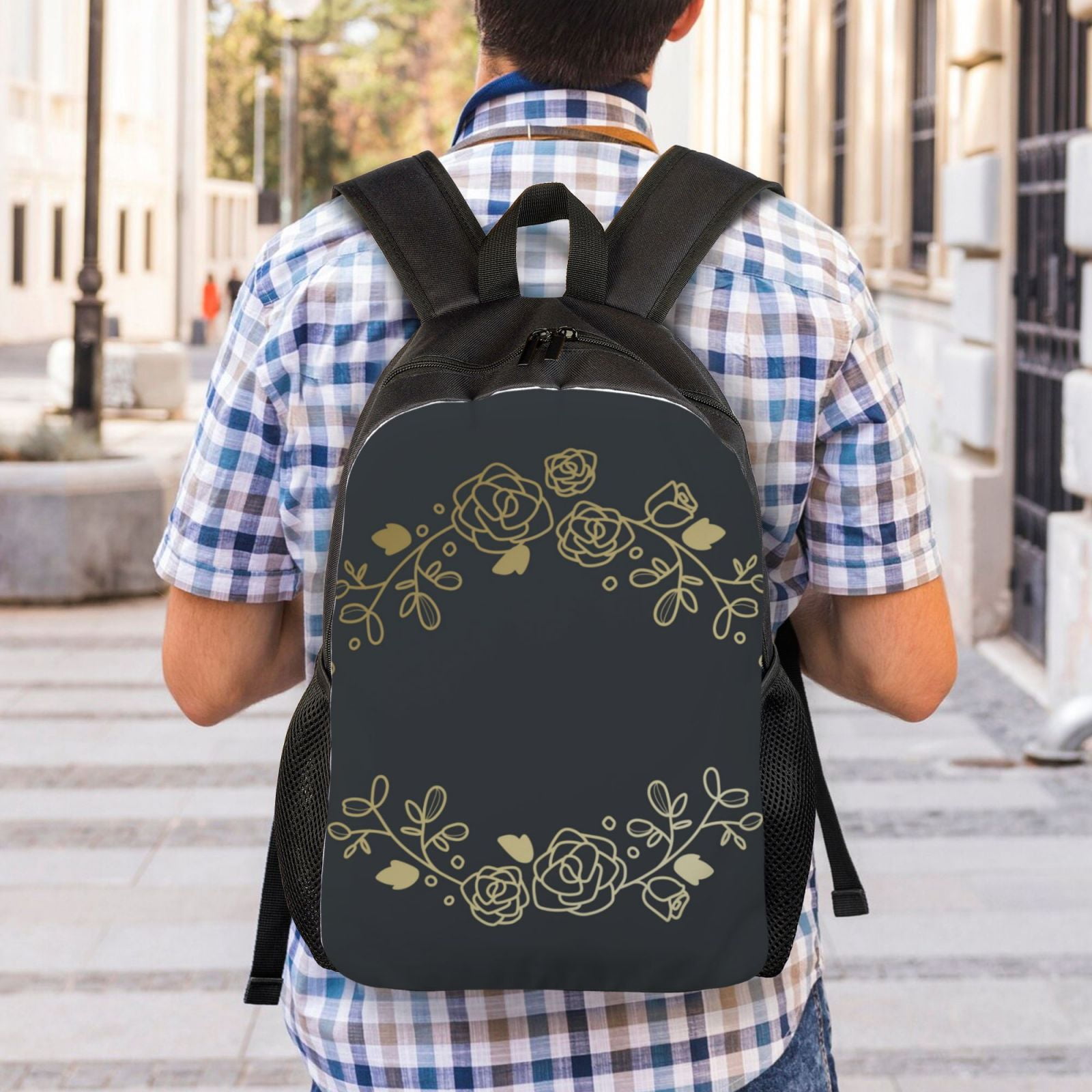 ZNDUO Vector Flower Gold Pattern Travel Backpack, 16 Inch Lightweight ...