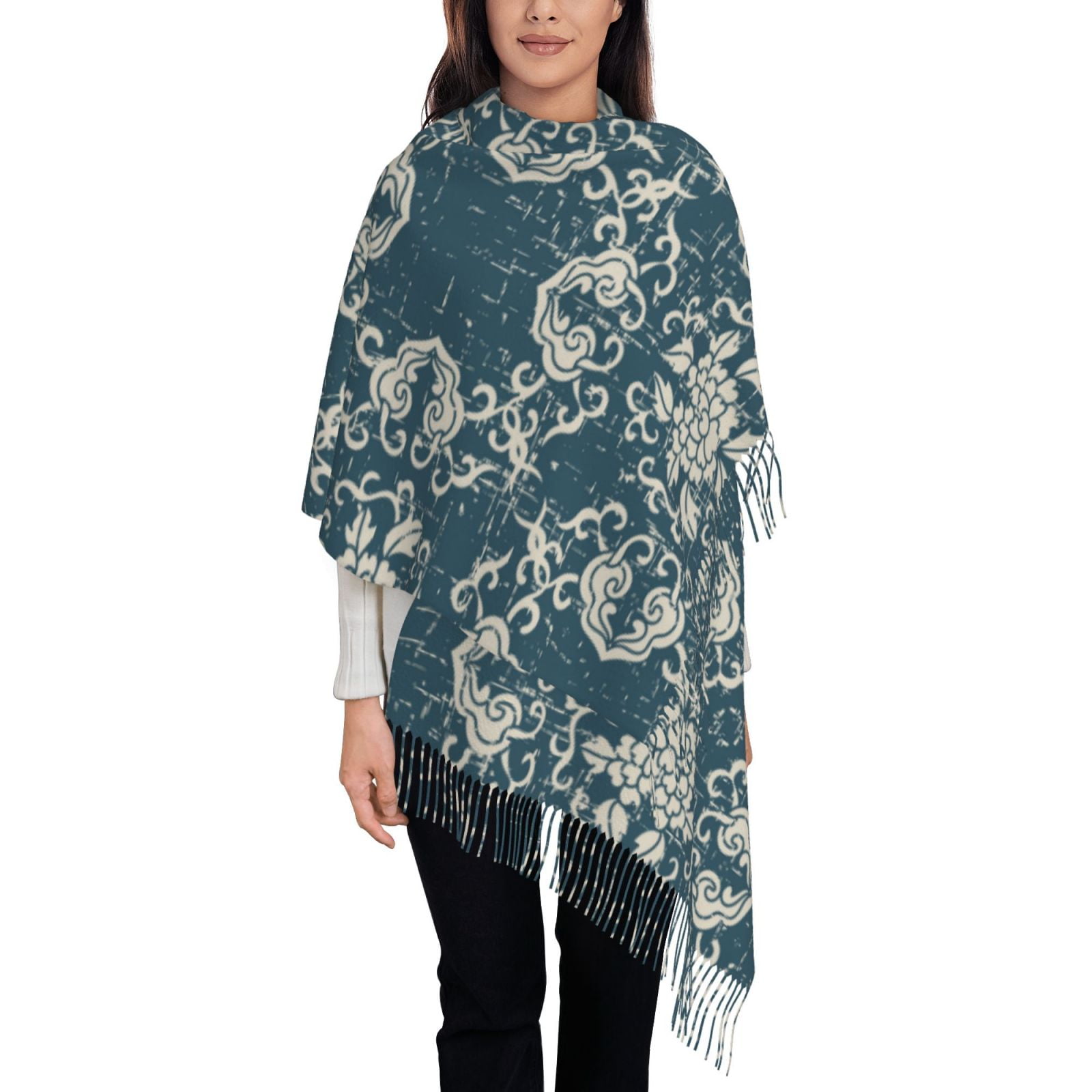 ZNDUO Vintage Blue Abstract Flowers Pattern Pashmina Shawls，Wraps Winter Warm Soft Scarf for ...