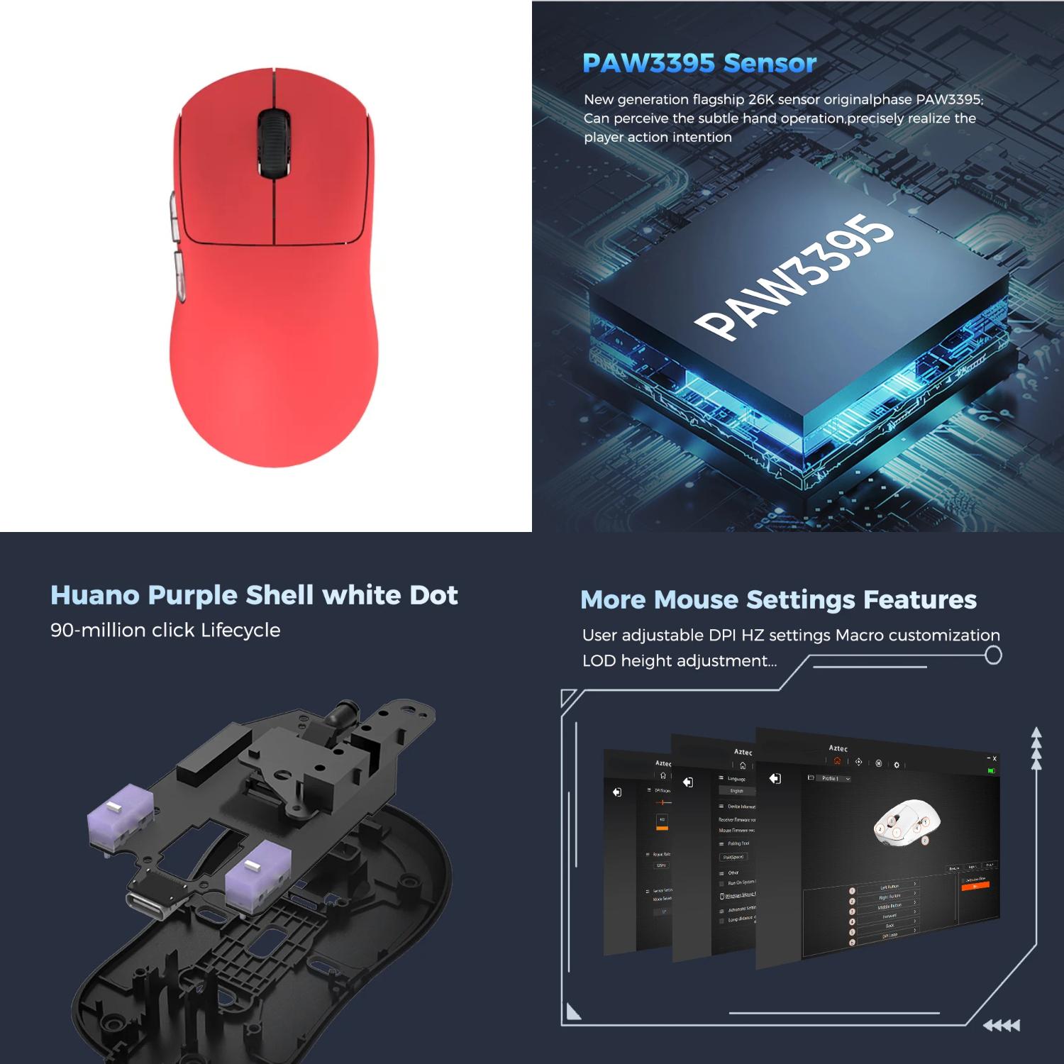 ZNGPNG Aztec PAW3395 Wireless Gaming Mouse 55g Ultra-Light 26000DPI 6 ...