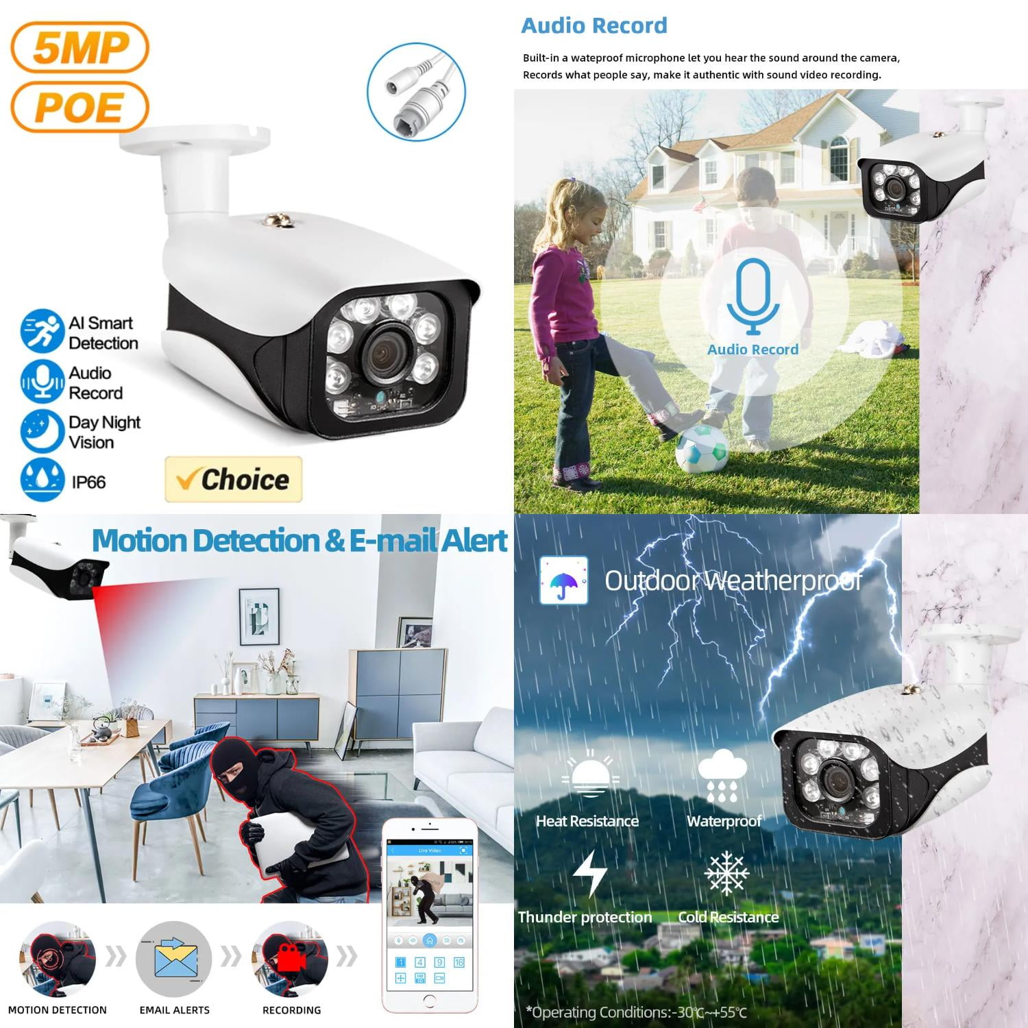 ZNGPNG Outdoor 5MP Audio IP POE Camera - Surveillance Video Network CCTV with AI Motion Detect ...