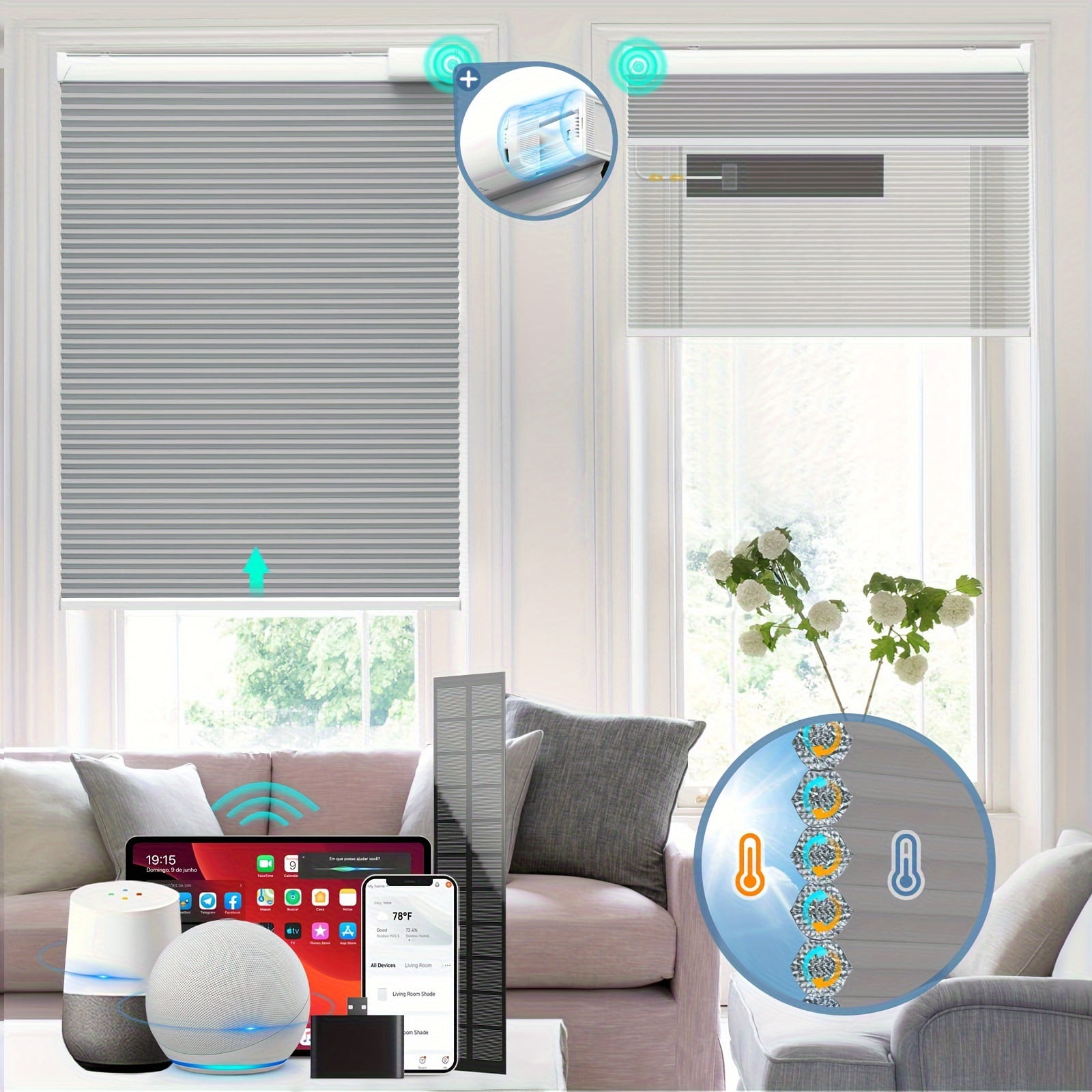 ZNGYXMN Smart Motorized Rechargeable Solar-Powered Blinds with Remote Control Blackout Cellular ...