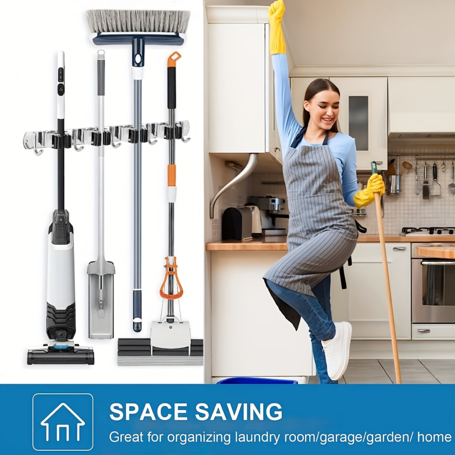 ZNGYXN 1pc Stainless Steel Wall-Mounted Broom Rack With 4 - Broom ...