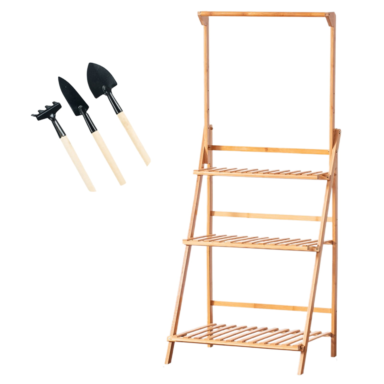 ZNNT Bamboo Flower Stand with 3 Gardening Tools 3-Tier Plant Stand with ...