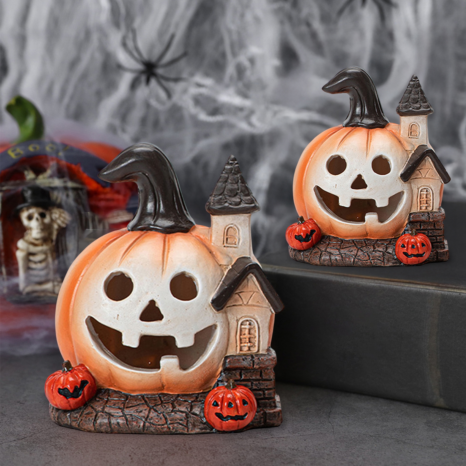 ZNNT Halloween Pumpkin Figurine Spooky Mini Pumpkin Castle Statue Resin ...