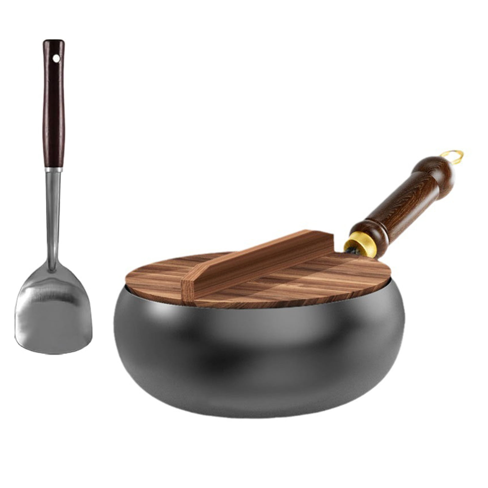 ZNNT Traditional Cast Iron Wok Pan with Lid And Spatula 24cm Pure Iron ...