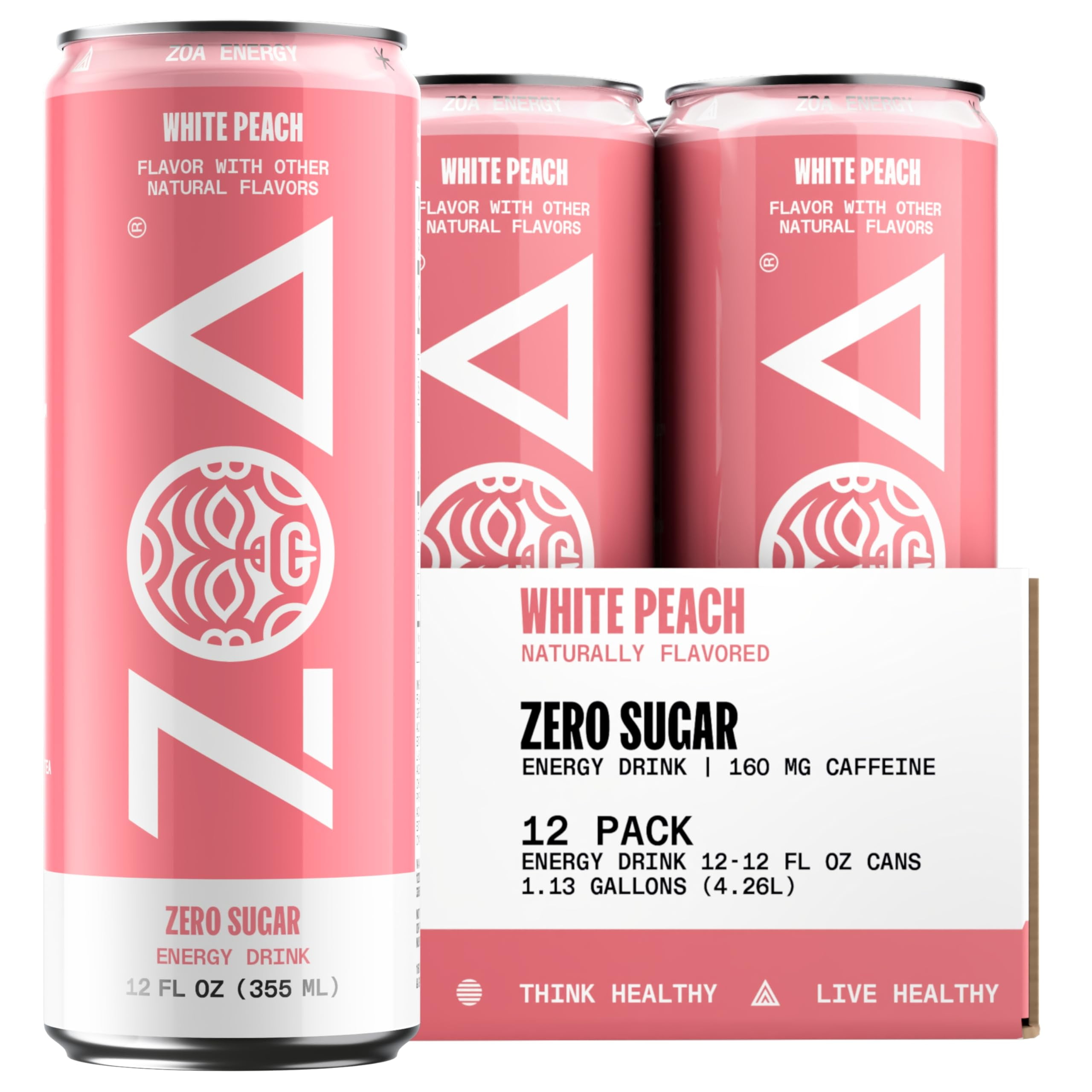 ZOA Zero Sugar Energy Drinks, White Peach - Sugar Free with ...