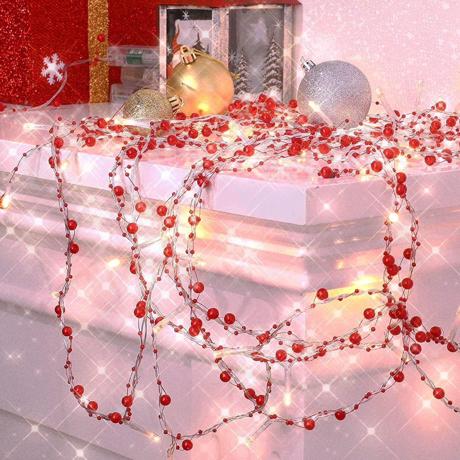 ZOELNIC 16.4FT 50LED Christmas Festive Lighted Berry Beaded Garland ...