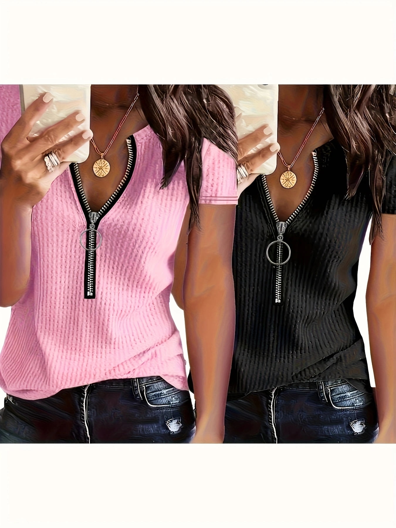 ZOELNIC 2-Pack Women's Short Sleeve Zipper Front Shirts Summer V Neck ...