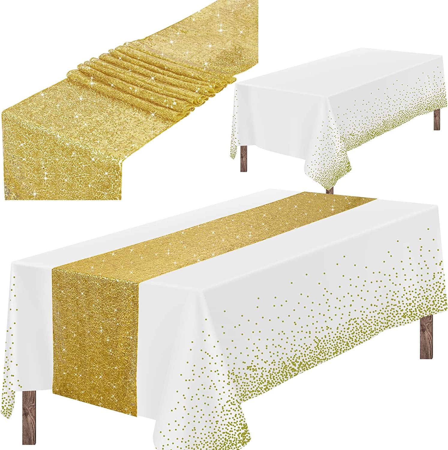 ZOELNIC 2Pack Glitter Table Party Decor White Gold Sequin 108 x 12 Inch ...