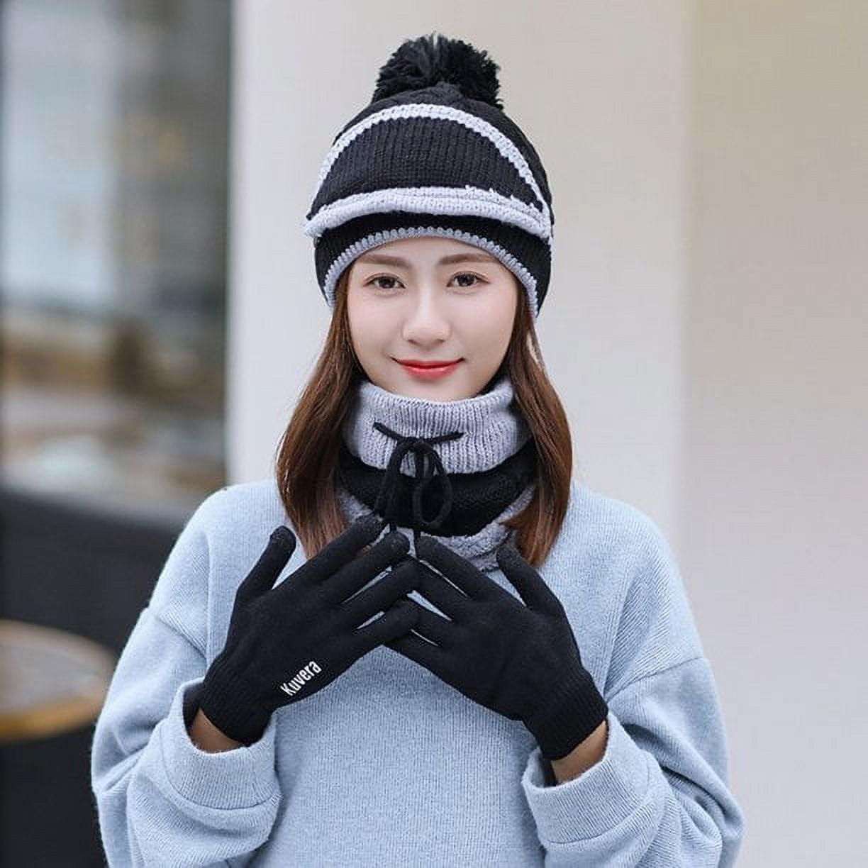 ZOELNIC 4PCS Women Beanie Hat Pom Scarf Mask Knitted Touch Screen ...