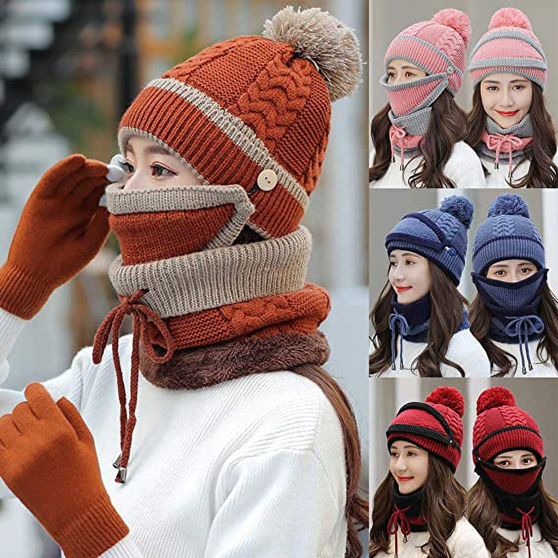 ZOELNIC 4PCS Women Beanie Hat Pom Scarf Mask Knitted Touch Screen ...