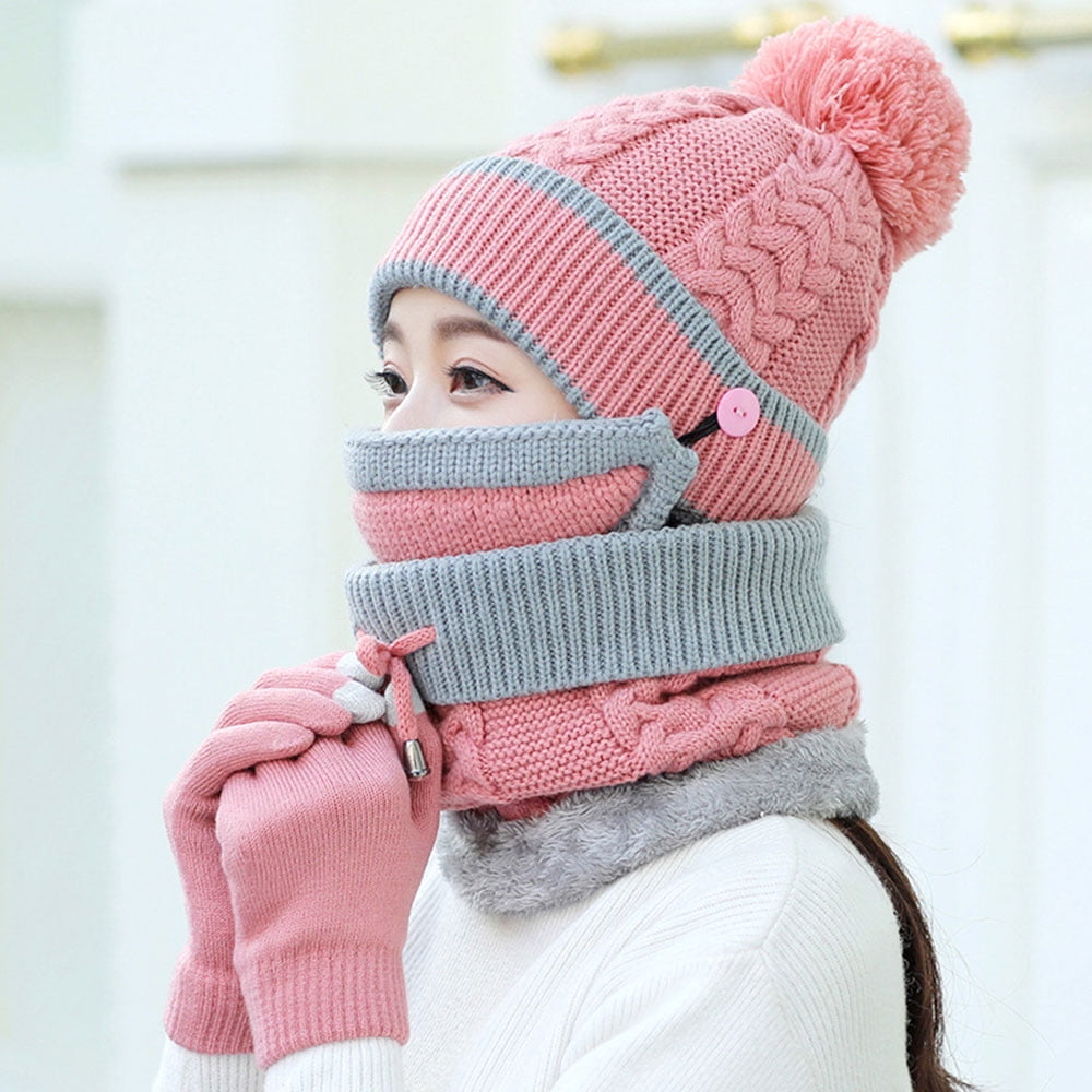 ZOELNIC 4Pcs/set Winter Women Ladies Beanie Hat Scarf Gloves Set ...