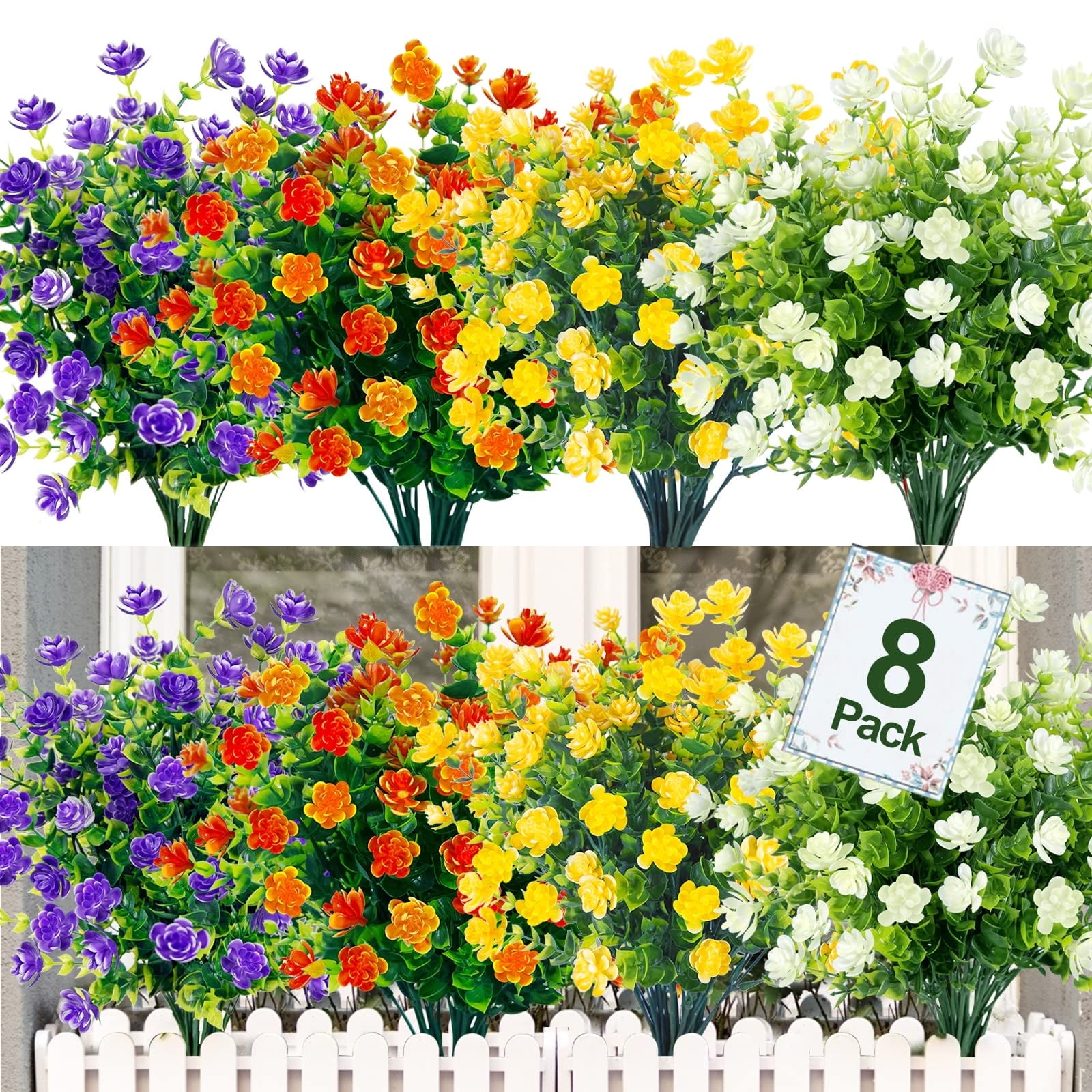 ZOELNIC 8 Bundles Outdoor Artificial Flowers UV Resistant Fake Boxwood ...