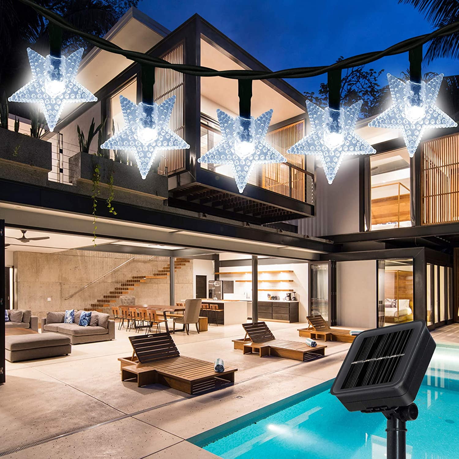 ZOELNIC Cool White Solar Decor Lights, Star String Lights 23.34ft ...