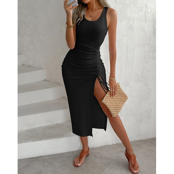 ZOELNIC Women Ruched Bodycon Dress Side Slit Drawstring Tank Dresses ...