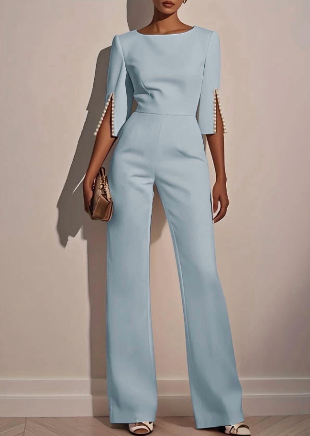 ZOELNIC Women's Elegant Formal Jumpsuit Long Sleeve Pearl Accent ...