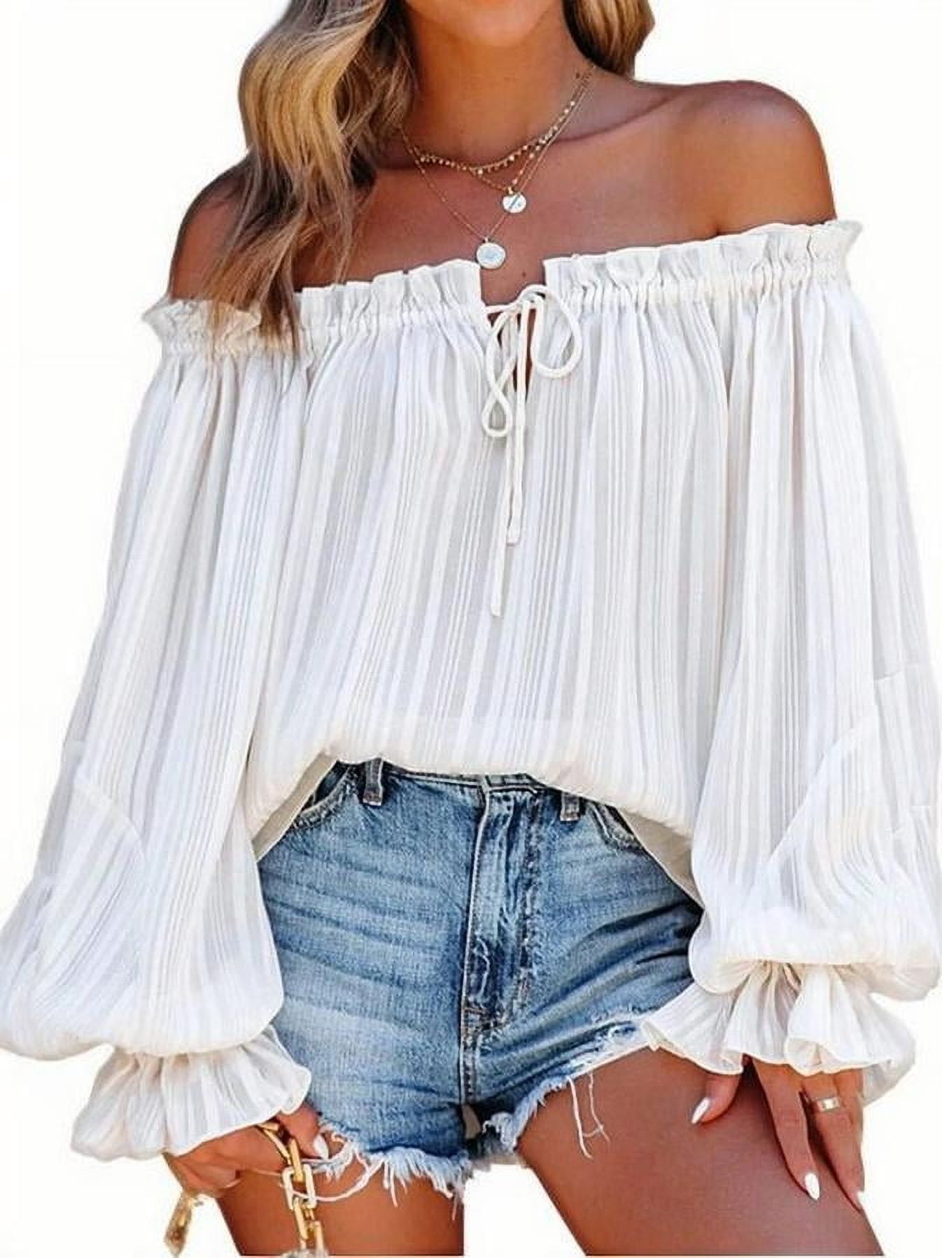 ZOELNIC Women's Off Shoulder Top Ruffle Long Sleeve Chiffon Blouse ...