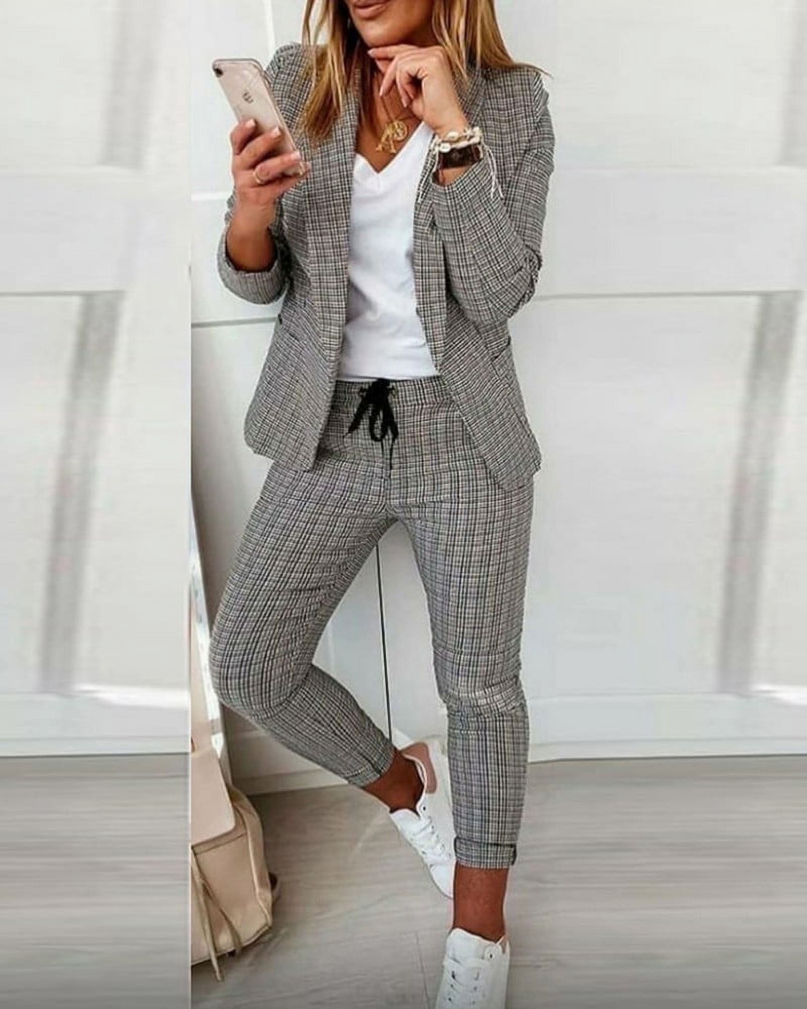 ZOELNIC Women's Plaid Business Suit Set - 2 Piece Office Outfit with ...