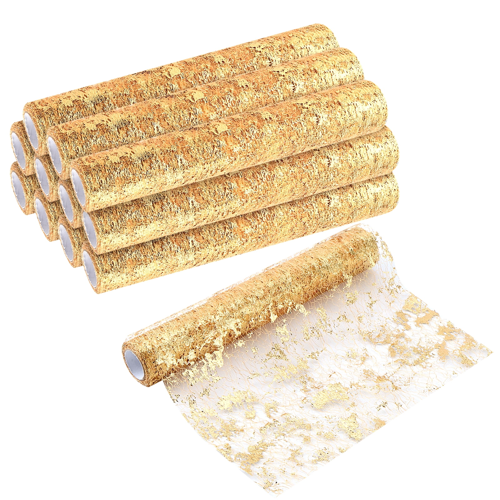 ZOENHOU 12 Pack 11 Inch x 5 Yard Metallic Gold Table Runner, Thin Mesh ...