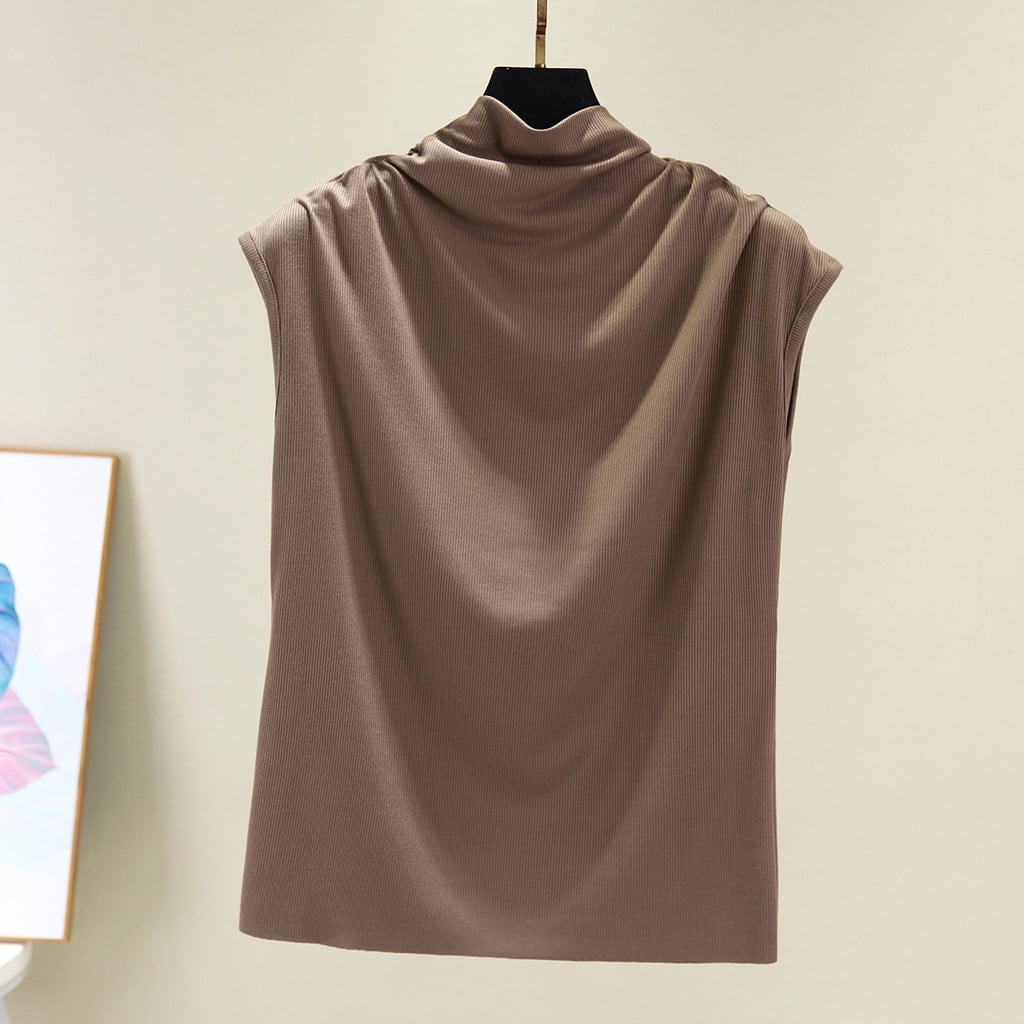 ZOHIUM Women Turtleneck Sleeveless Cotton Solid Casual Loose Tunic Top ...