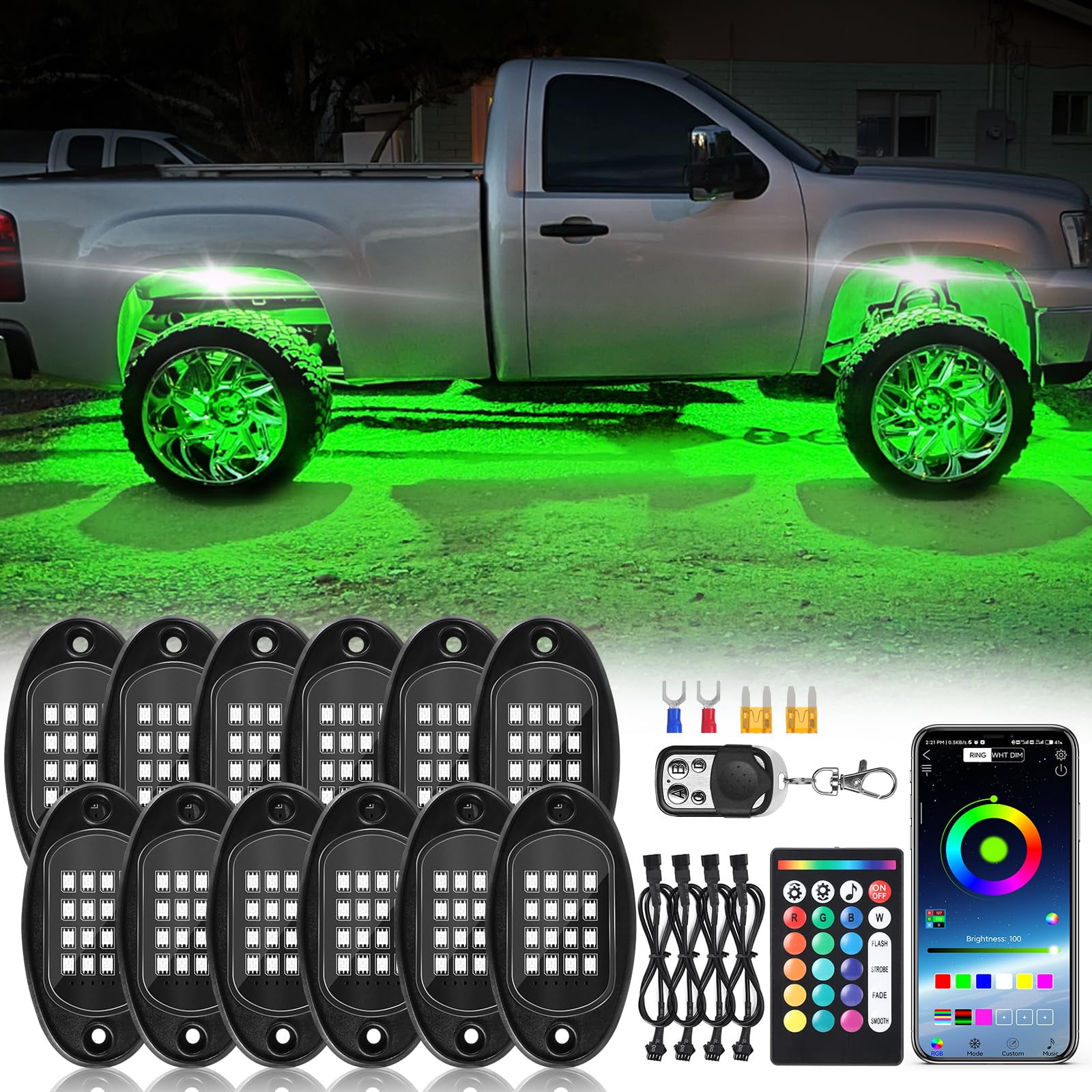 ZONECONA 12Pods RGB LED IFF17 Rock Lights Kit APP/RF Remote Control ...