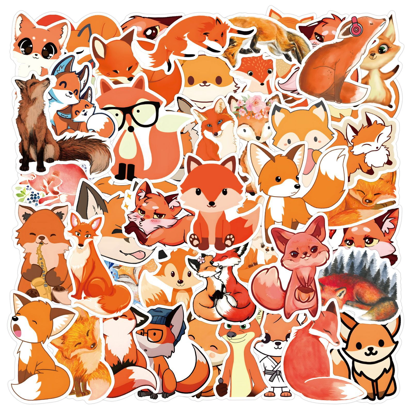 ZOOUSQII 60Pcs Cute Foxes Cartoon Stickers, Waterproof Vinyl Decal for ...